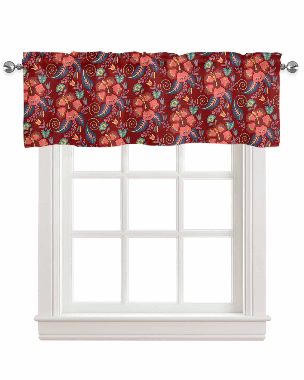 Red Oriental Ethnic Kitchen Valances for Windows Farmhouse Linen Window ...