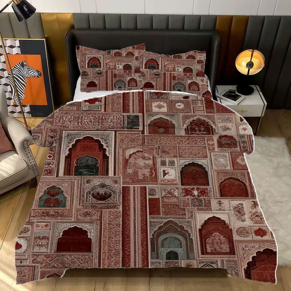 Red Ornate Arch Collage Pattern Comforter Set Queen Size Bedding Set ...