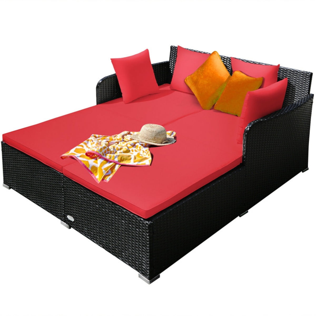 Red Outdoor Rattan Daybed with Upholstered Cushions - Walmart.com