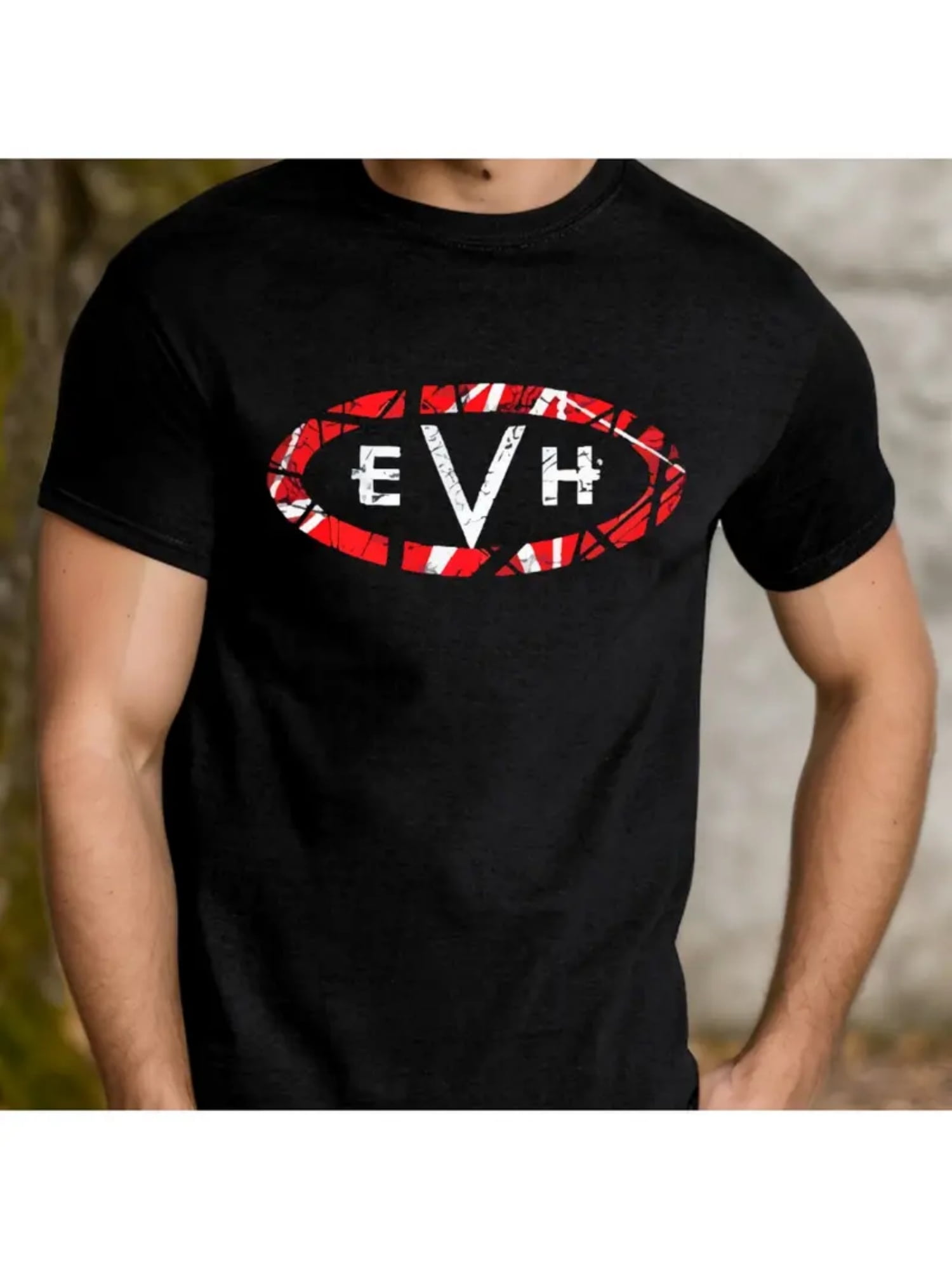 Red Oval Pattern White EVH Printed T-shirt. Male Black Cotton Short ...