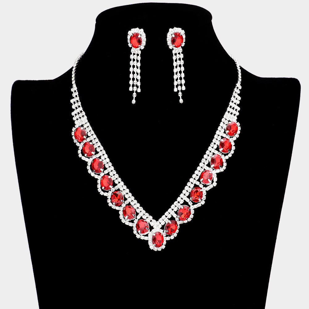 Red Oval Stone Accented V Shaped Rhinestone Necklace - Walmart.com