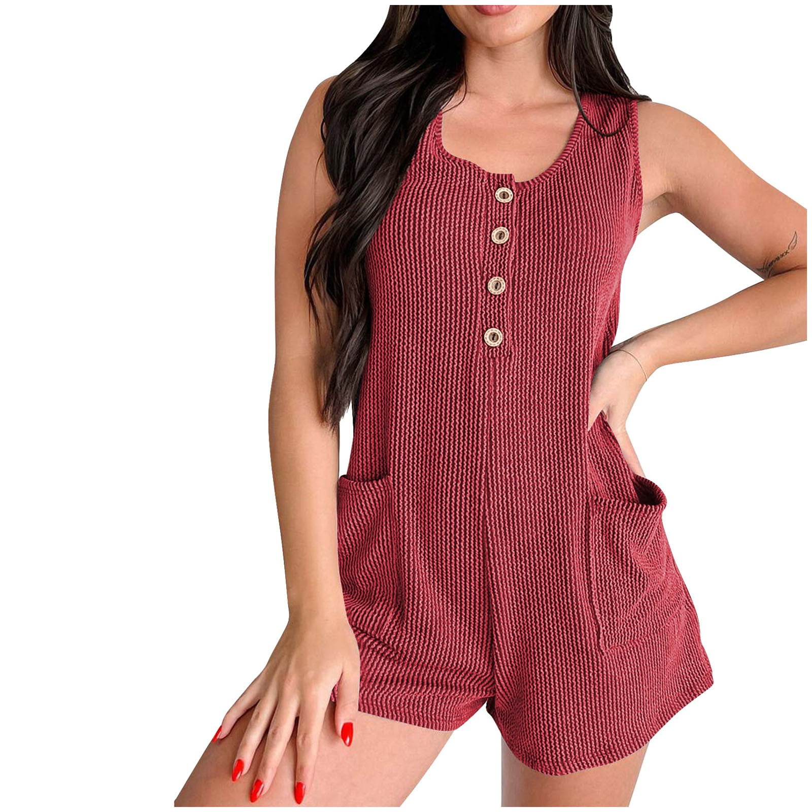Red Overalls Shortalls for Women Fall Summer Loose Fit Lounge Ribbed Crochet Straight Leg Plain ...