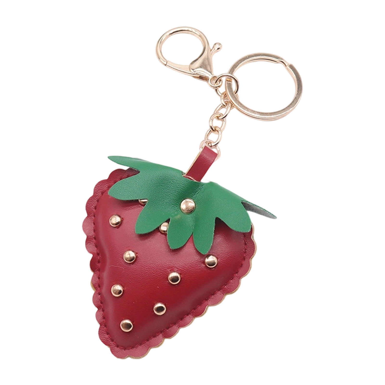 Red PU Leather Strawberry Keychain With Metal Studs And Fruit Charm For ...