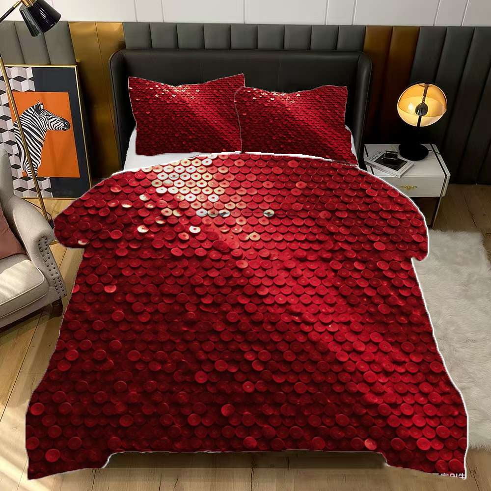 Red Paillette Sequin Print Comforter Set Queen Size Bedding Set For ...