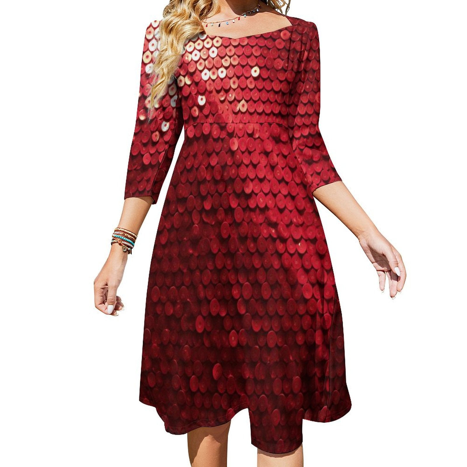 Red Paillette Sequin Print Womens Summer Dress Tie Back A Line Flare ...