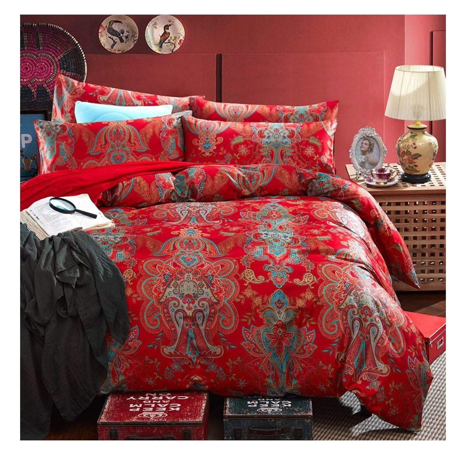 Red Paisley Comforter Sets Queen Size Bed Shabby Chic Print Comforter ...