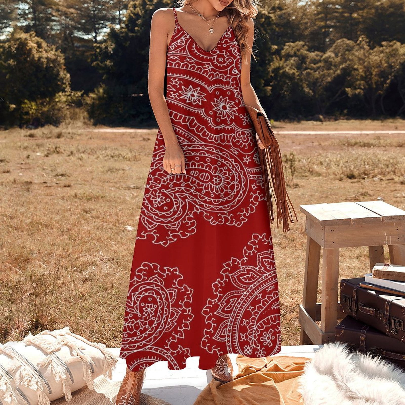 Red Paisley Pattern Sleeveless Dress Loose Women's Dress Cocktail ...