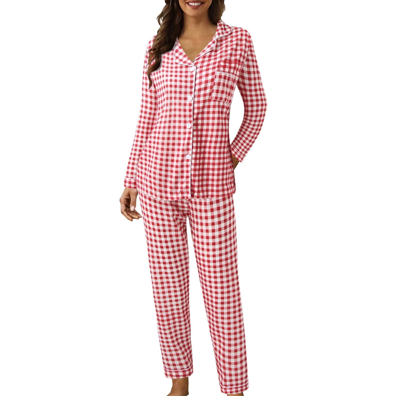 Red Pajamas for Women Set Women Casual Lapel Button Plaid Print Two ...