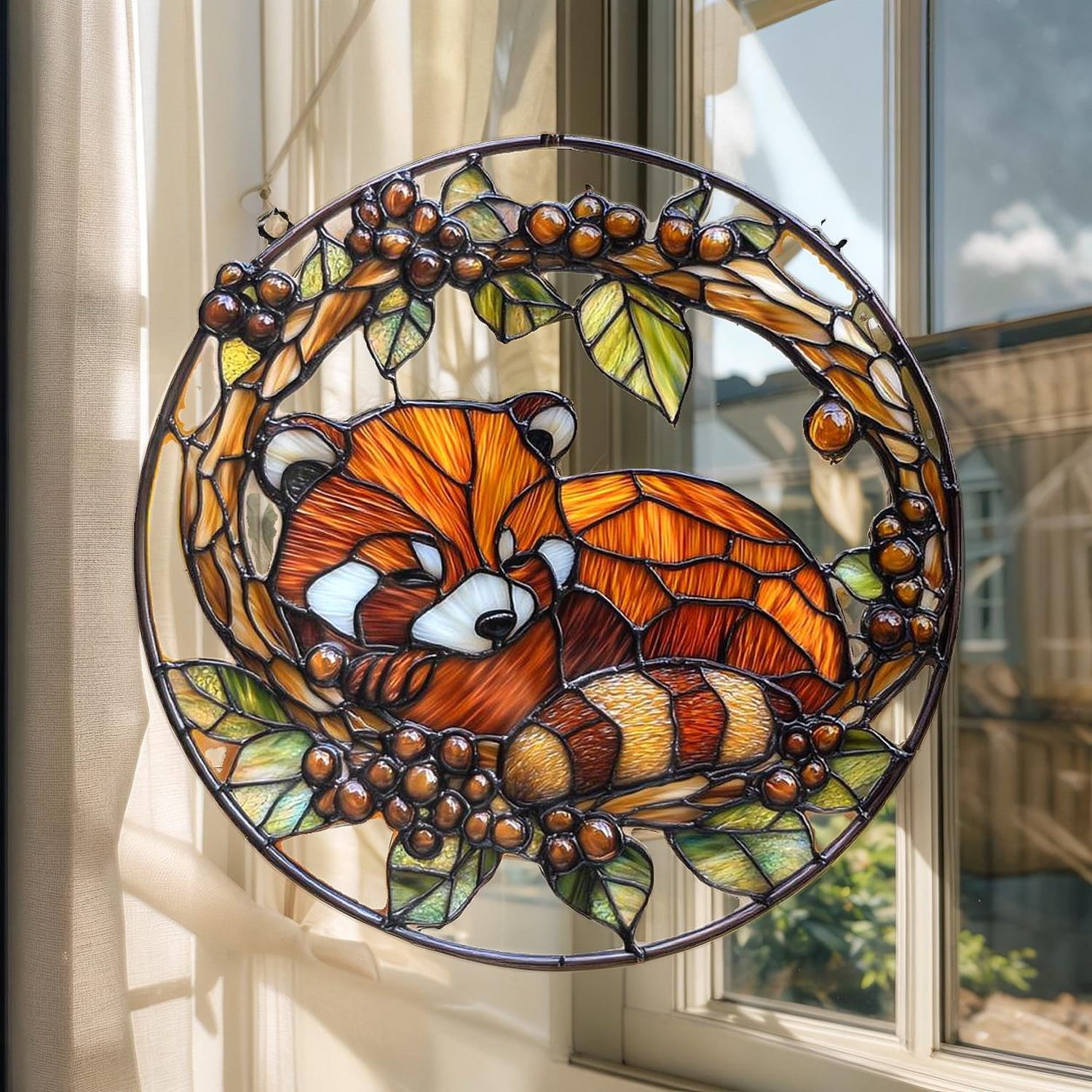 Red Panda Acrylic Faux Stained Glass Suncatcher - Cozy Woodland Animal ...