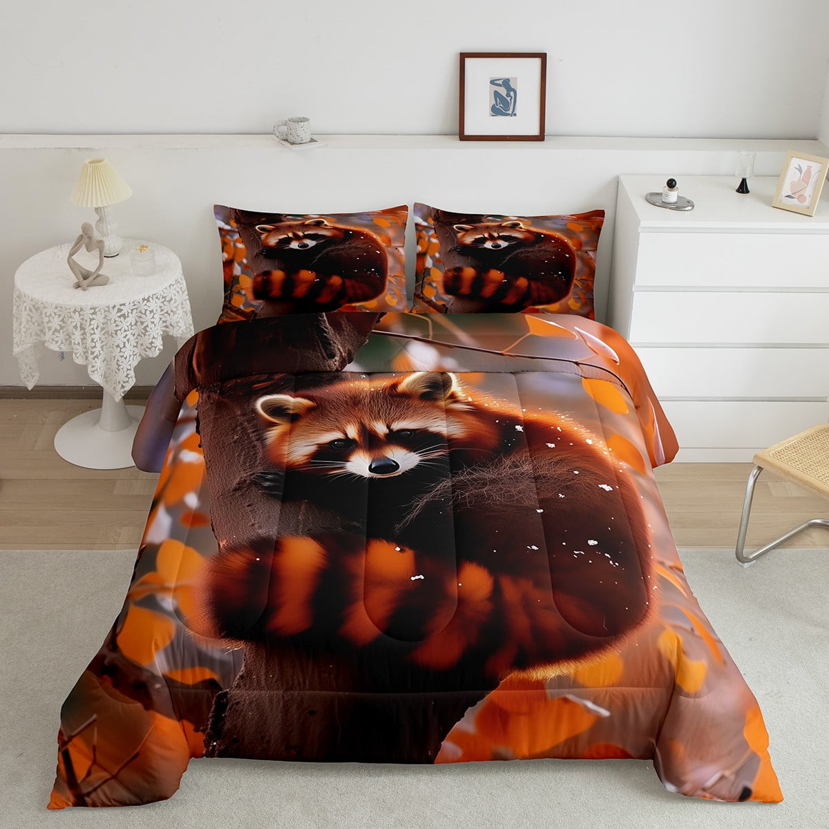 Red Panda Comforter Set Full Size,Natural Cute Wild Animal Snowy ...