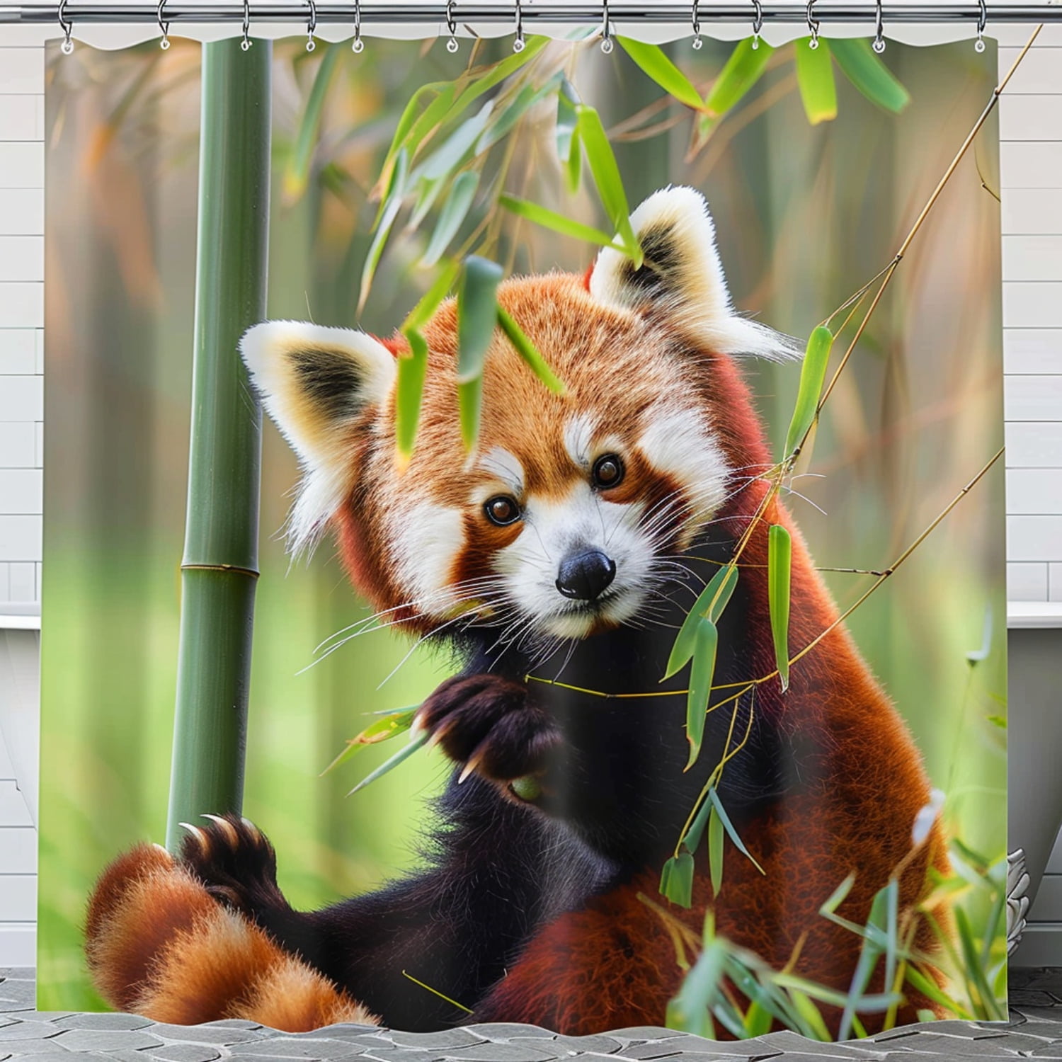 Red Panda Playing with Bamboo Shower Curtain Realistic Photo Style High ...