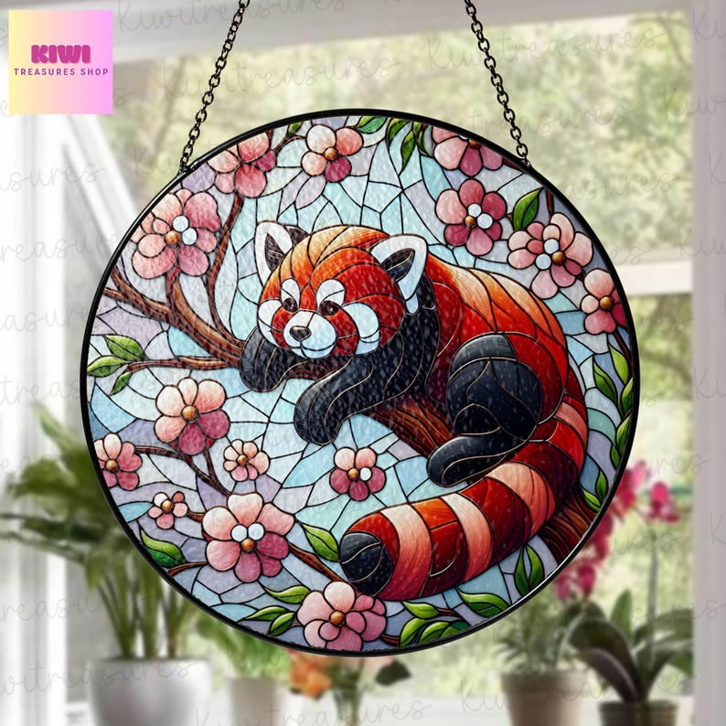 Red Panda and Cherry Blossom Glass Suncatcher | Red Panda Sun Catcher ...