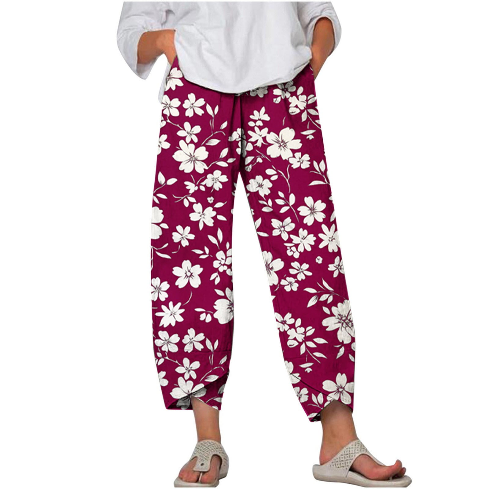 Red Pants for Women Fall Summer Faux Linen Daisy Floral Graphic Loose ...