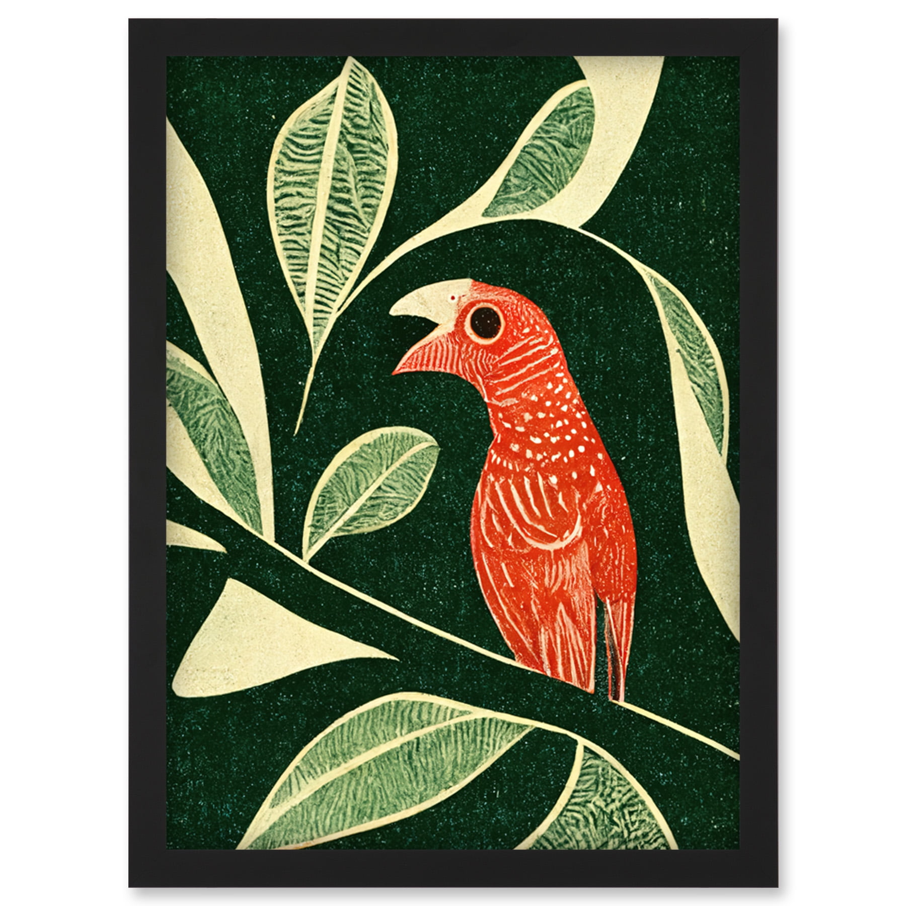 Red Parrot On Tree Branch Vintage Linocut Illustration Artwork Framed ...