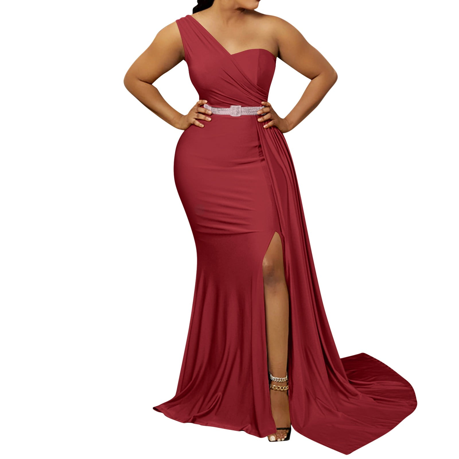 Red Party Dresses Women One Shoulder Long Prom Dress Elegant Bodycon ...