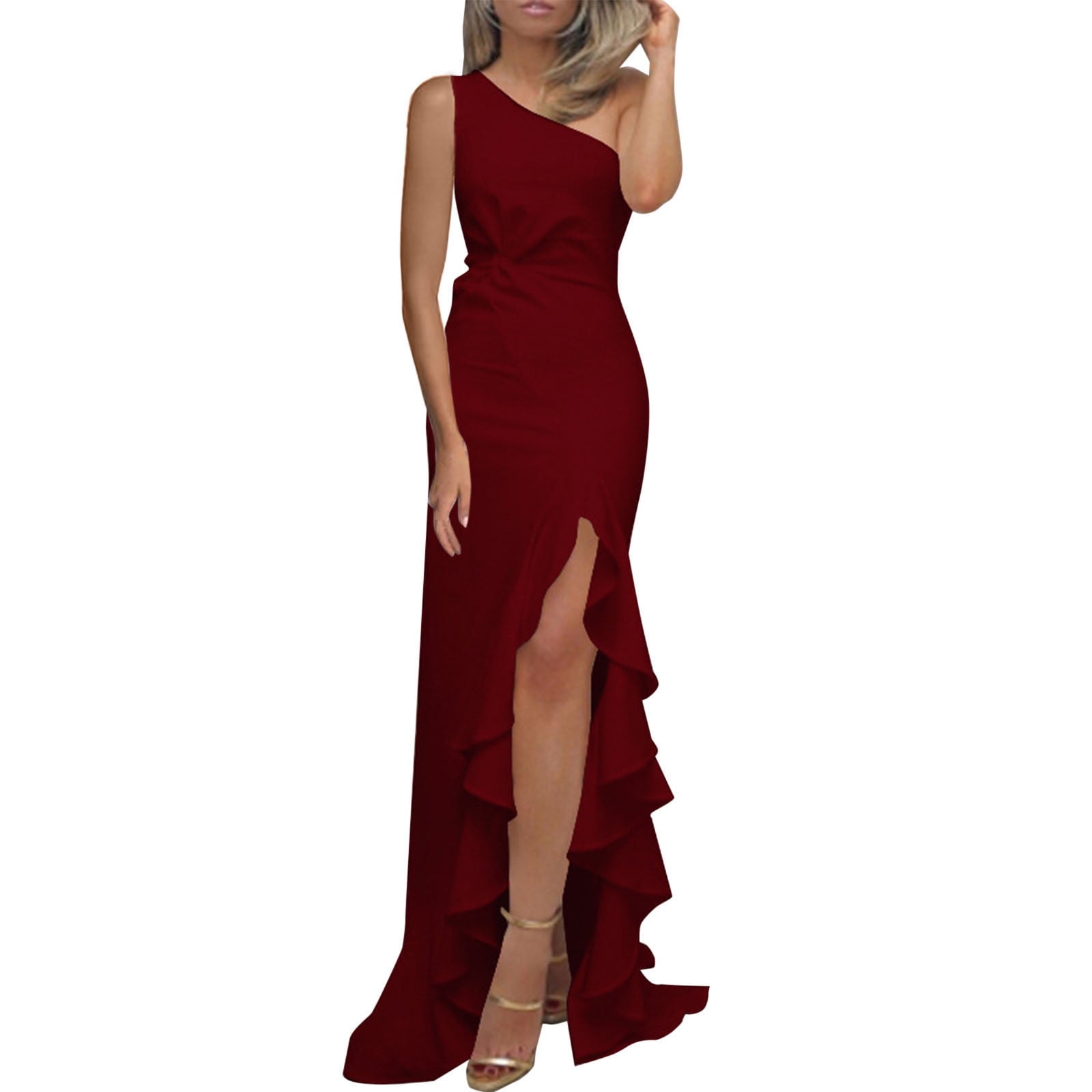 Red Party Dresses Womens One Shoulder Ruched Ruffle Formal Evening ...