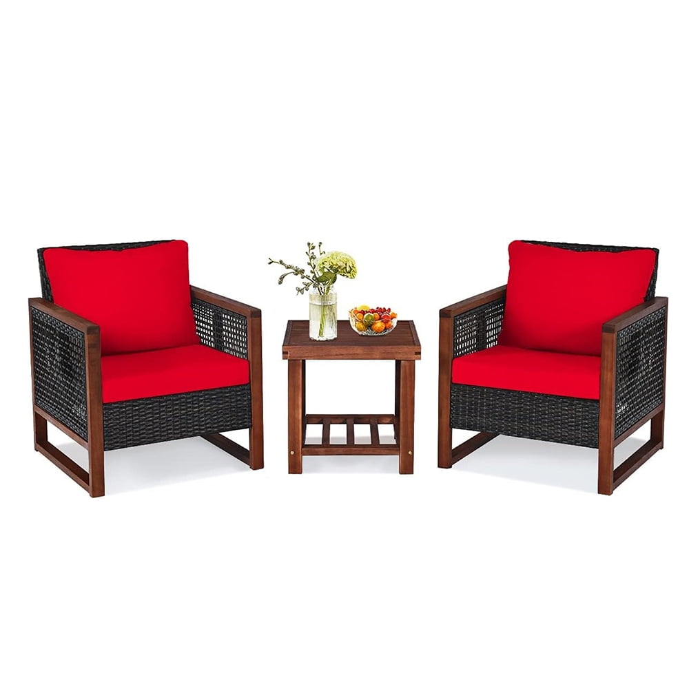 Red Patio Furniture Set, Wicker Chairs with Coffee Table, Balcony Porch ...