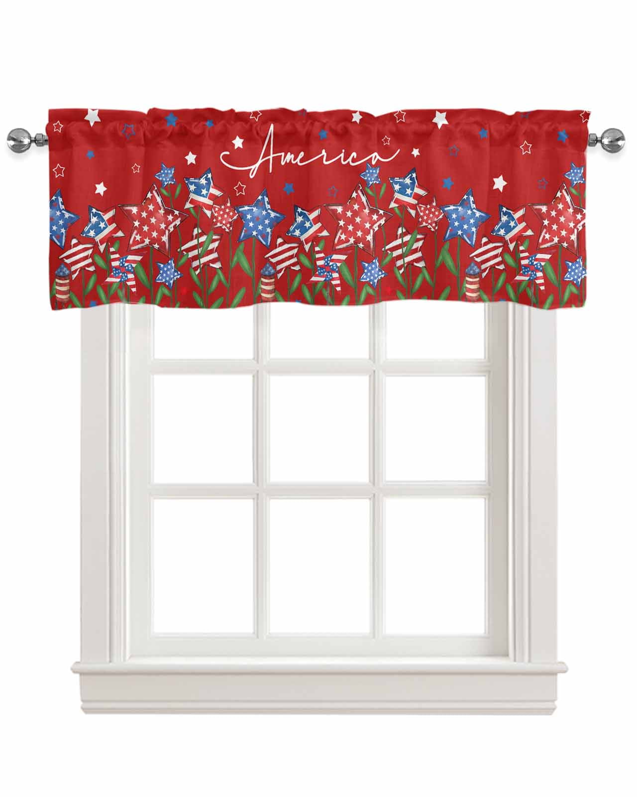 Red Patriotic Flower Linen Curtain Valance for Bedroom/Bathroom/Kitchen ...