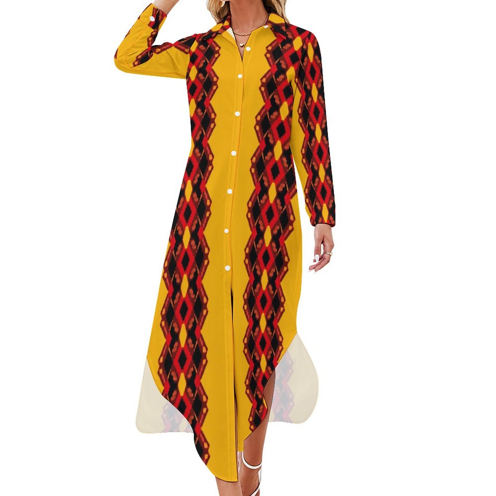 Red Pattern on Yellow Shirt Dress Long Sleeve Street Fashion V Neck ...