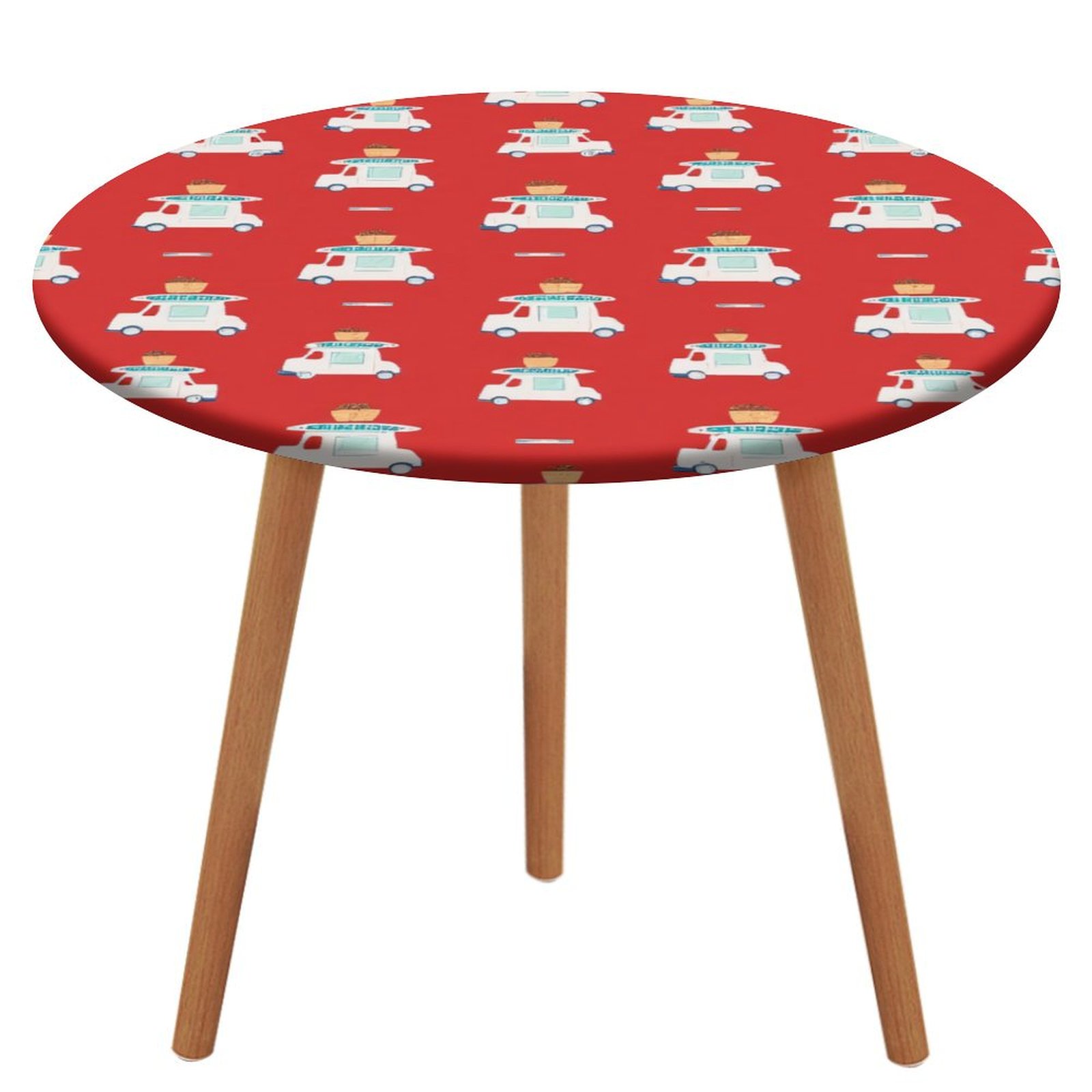 Red Pattern with Food Trucks Tablecloth Round Elastic Fitted Waterproof ...
