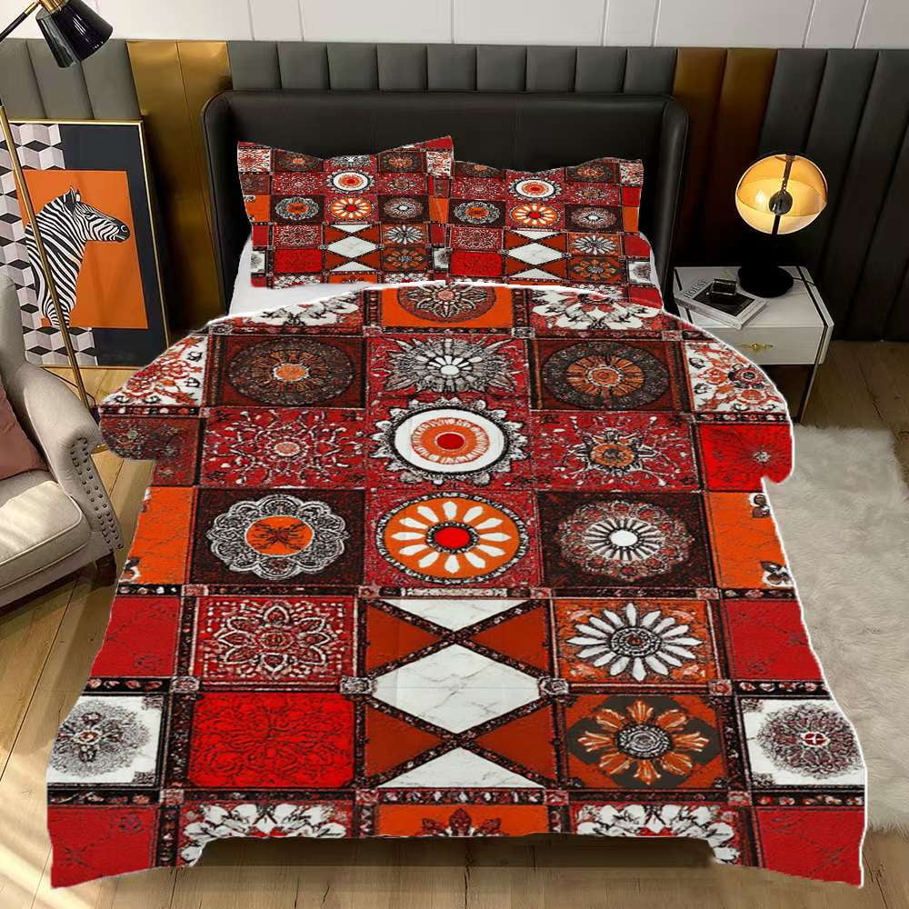 Red Patterned Textile Design Tiles Comforter Set Twin Size Bedding Set ...