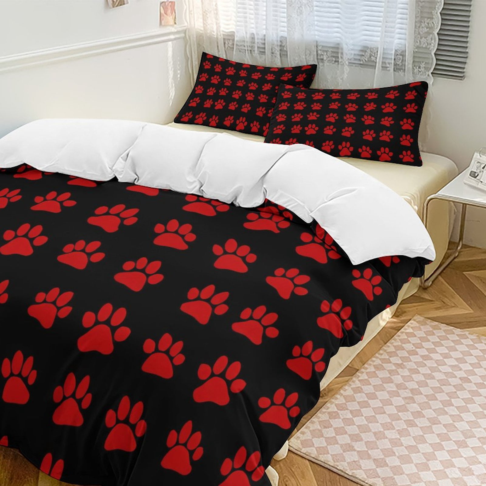 Red Paw Prints on Black 3D Duvet Cover Set Quilt Cover Theme of Kid Boy ...
