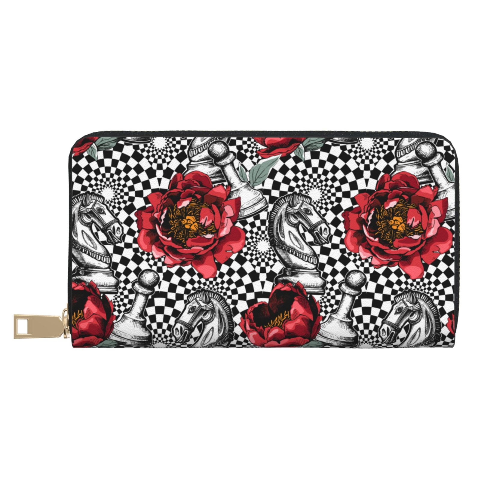 Red Peony Knight Chess checkered Wallet Women, Leather Bifold Multi ...