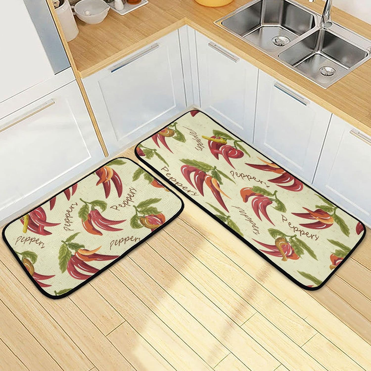 Red Pepper Kitchen Mat Rugs Set of 2 Cartoon Chili Leaves Comfort Floor ...