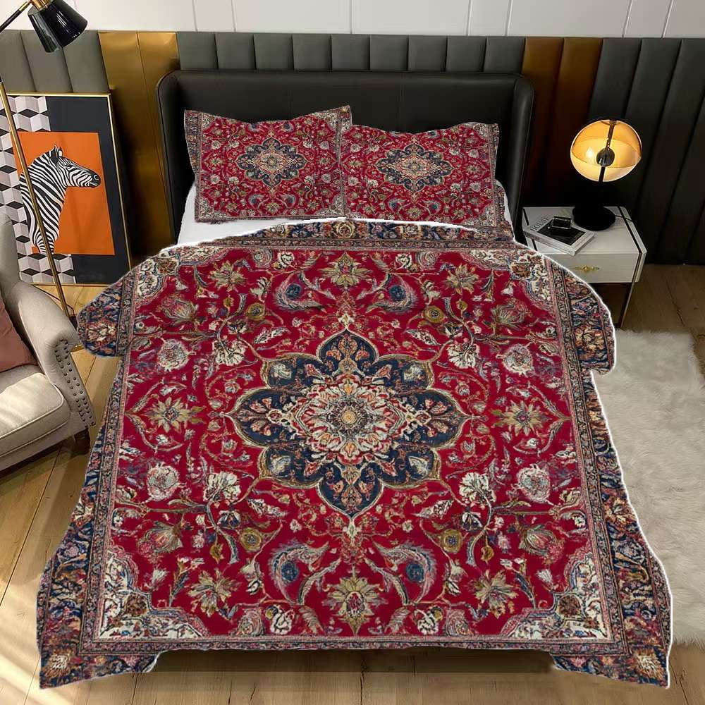 Red Persian Floral Rug Comforter Set Queen Size Bedding Set For Travl ...