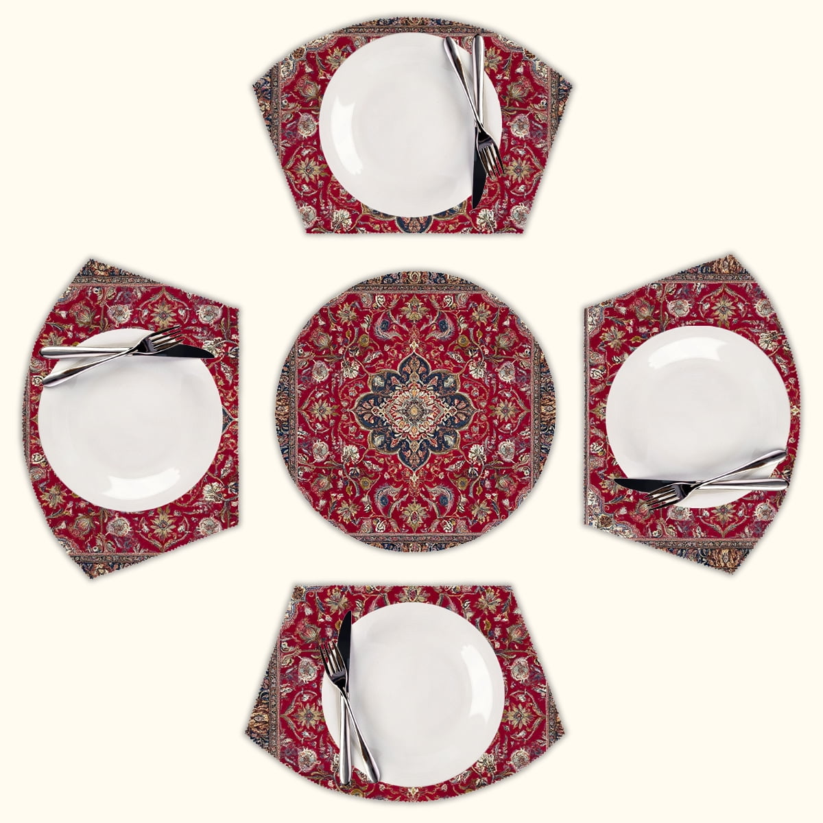 Red Persian Floral Rug Round Table Placemats Set Of 5 Wedge Table Mats ...
