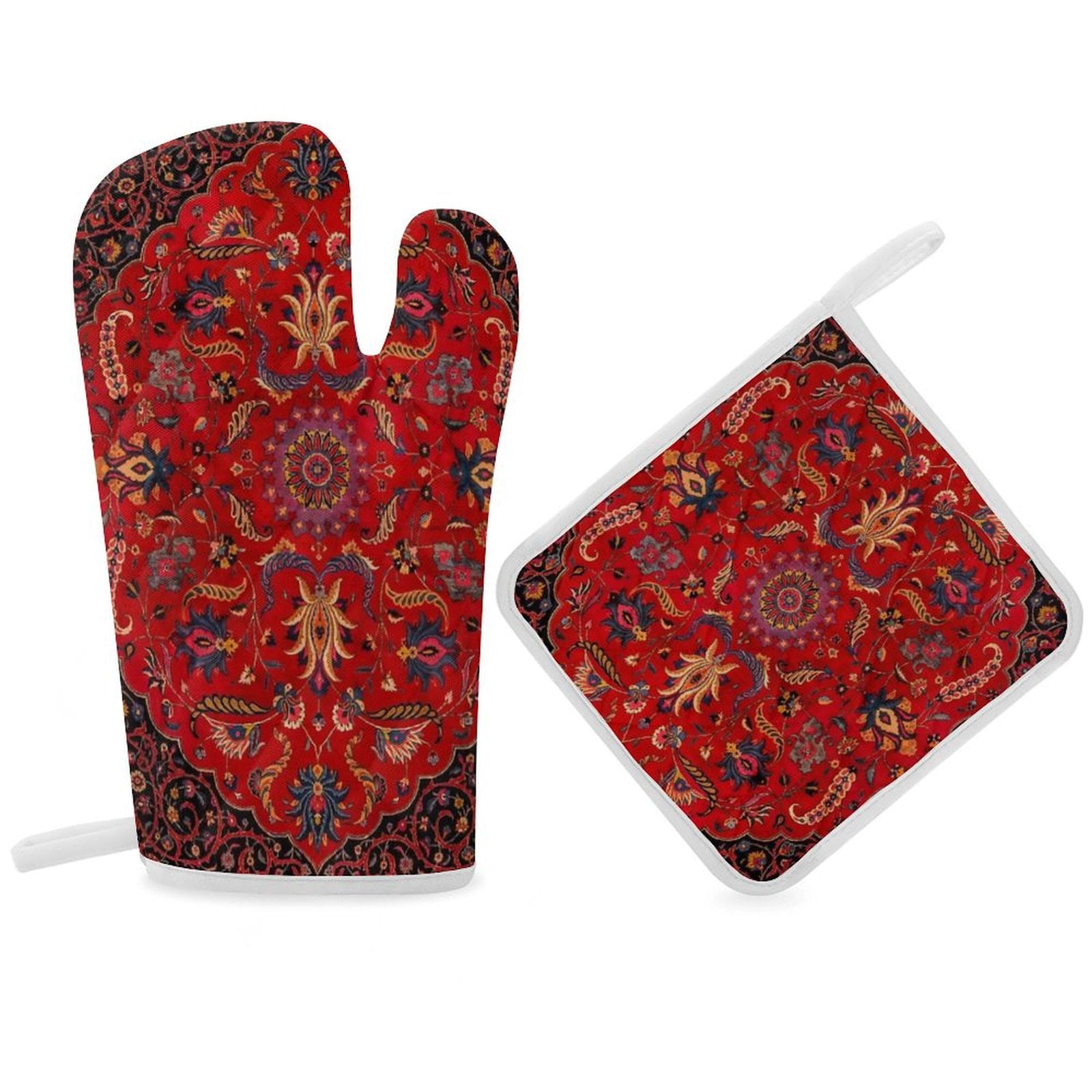 Red Persian Oven Gloves And Pots Stand Set Oven Gloves And Pot Racks ...