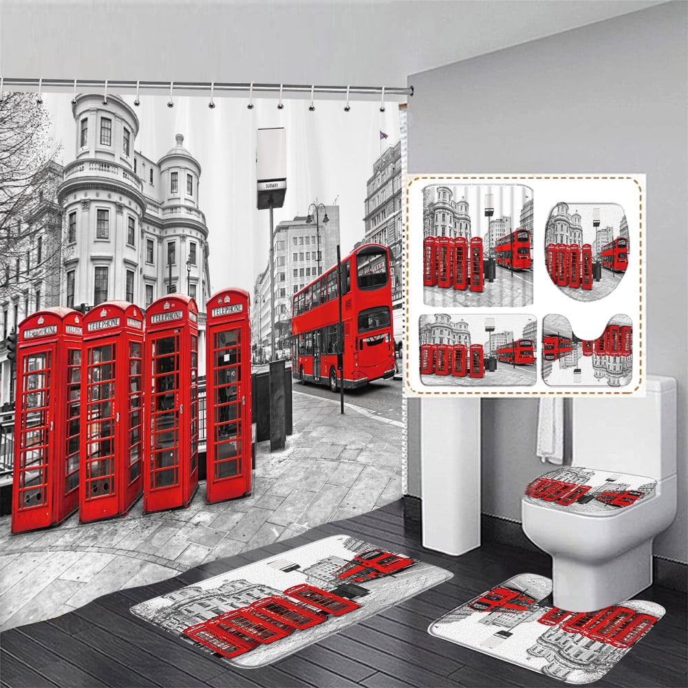 Red Ph Booth Shower Curtain Set Vintage Bus London Street Scenery Home ...
