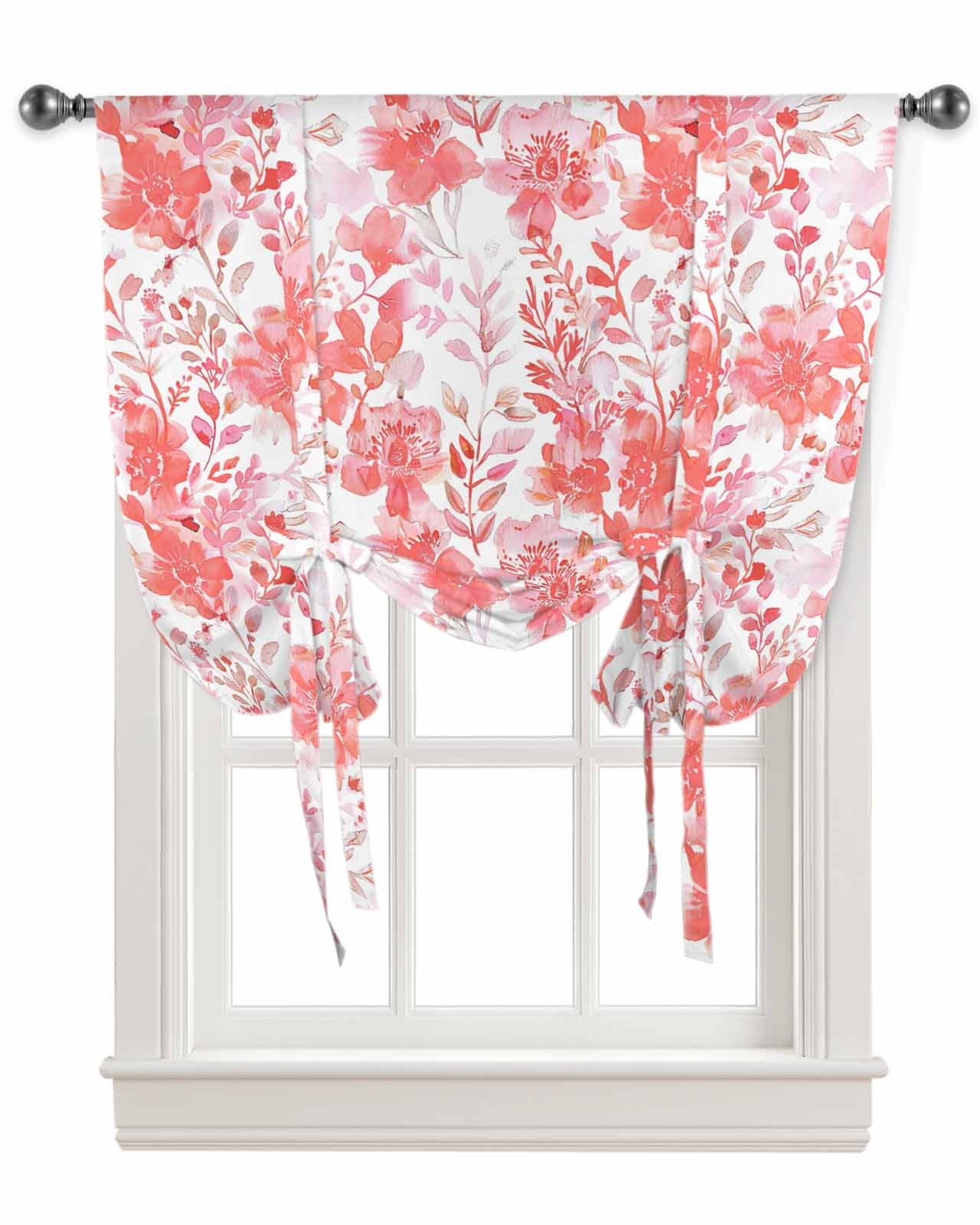 Red Pink Flowers Tie Up Curtains for Kitchen Bathroom Bedroom Windows ...