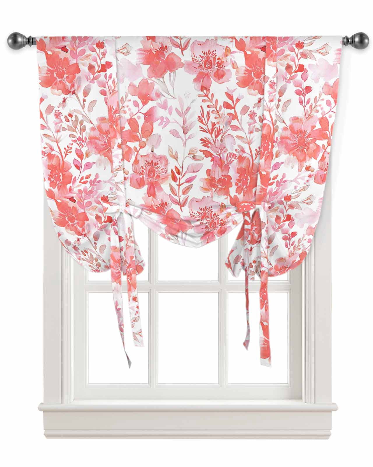 Red Pink Flowers Tie Up Curtains for Kitchen Bathroom Bedroom Windows ...