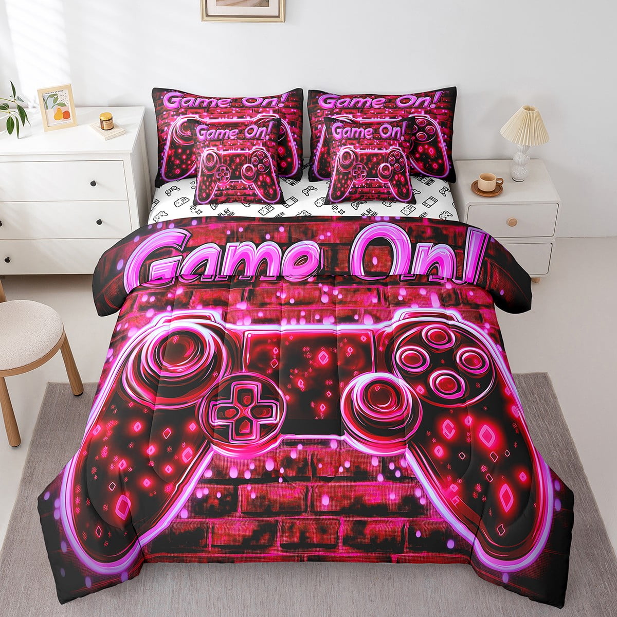 Red Pink Gaming Comforter Set 7 Pieces, Gamer Gamepad Teens Youth Bed ...
