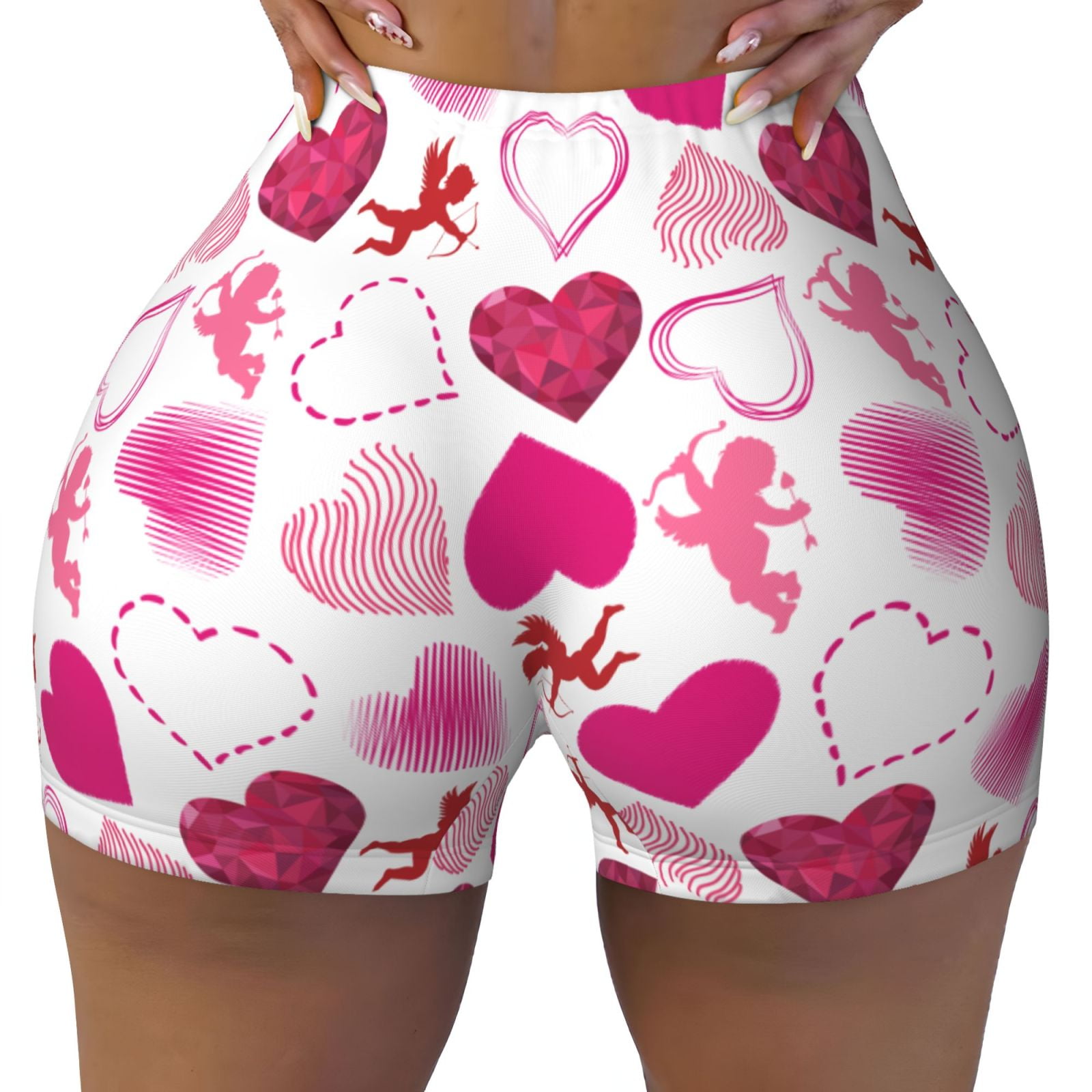 Red Pink Hearts Angel Cupid Workout Shorts For Women Scrunch Butt ...