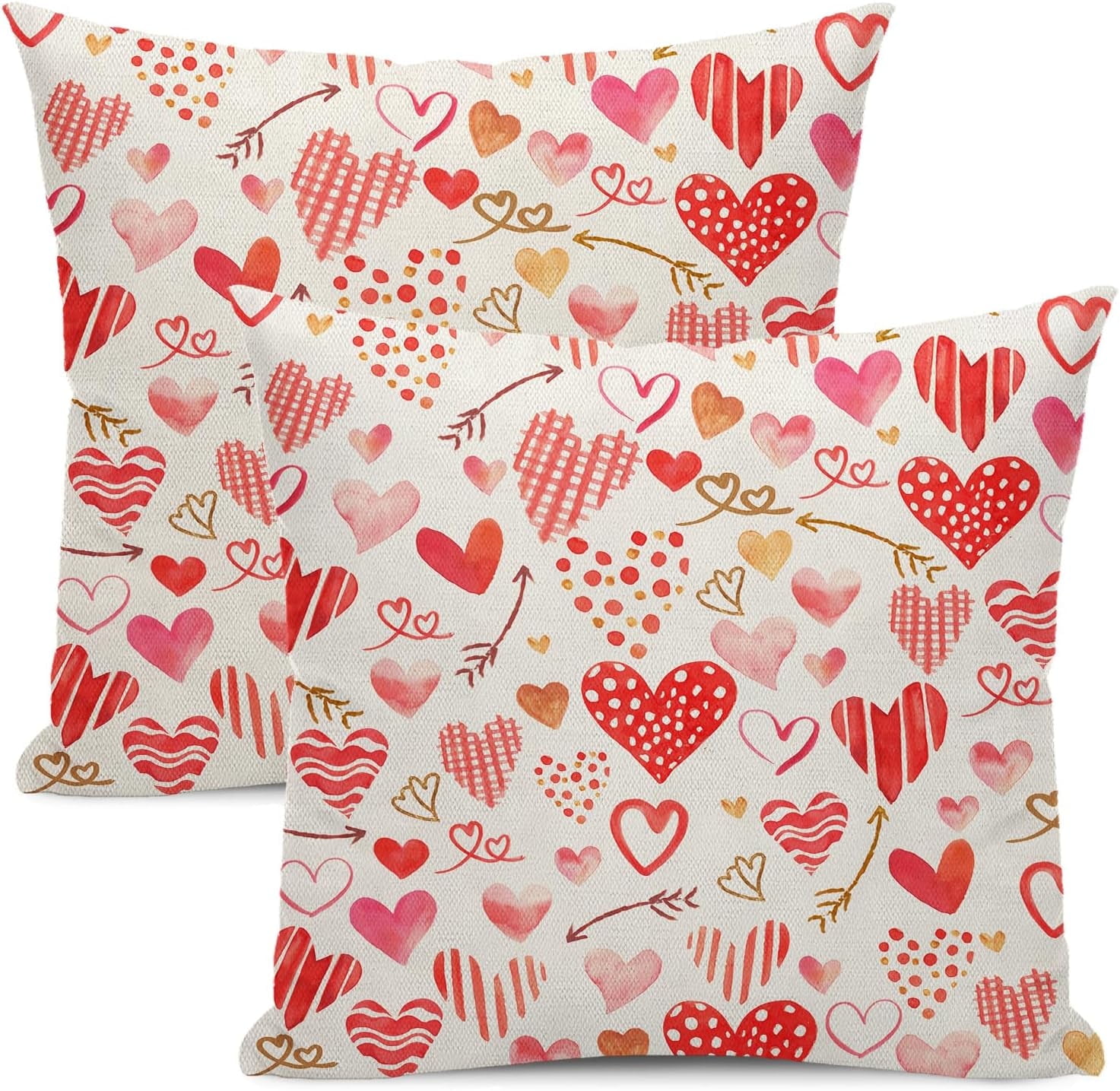 Red Pink Love Heart Pillow Covers 20x20 Set of 2 Watercolor Romantic ...