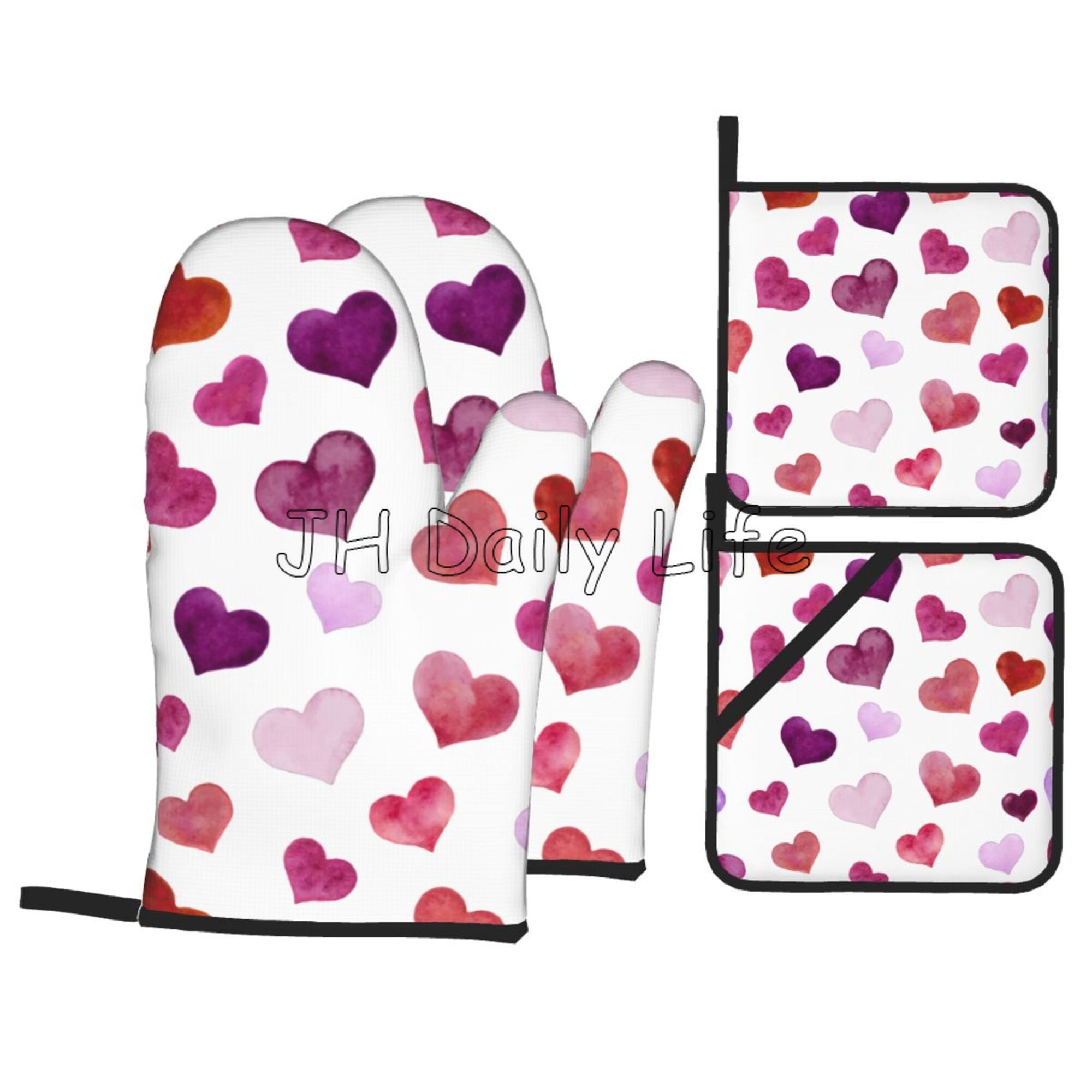 Red Pink Love Hearts Pattern Oven Mitts and Pot Holders Heat Resistant ...