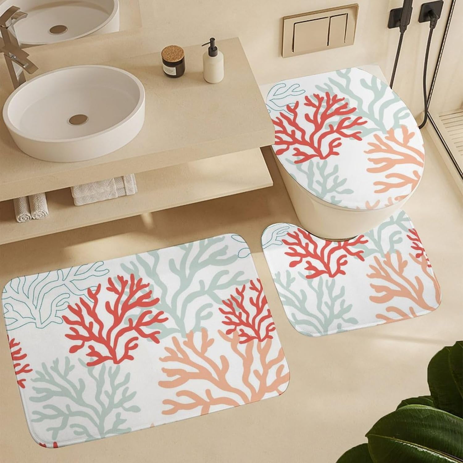 Red Pink and Mint Coral Bathroom Rugs Sets 3 Piece Non-Slip Underwater ...