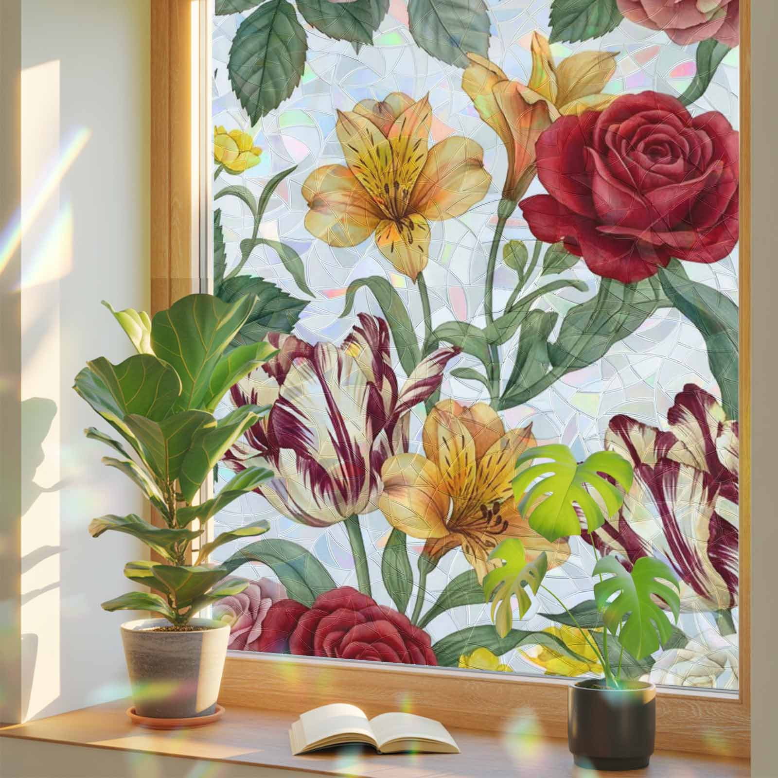 Red Pink Rose Window Privacy Film, Yellow Flower Green Leaf Watercolor ...