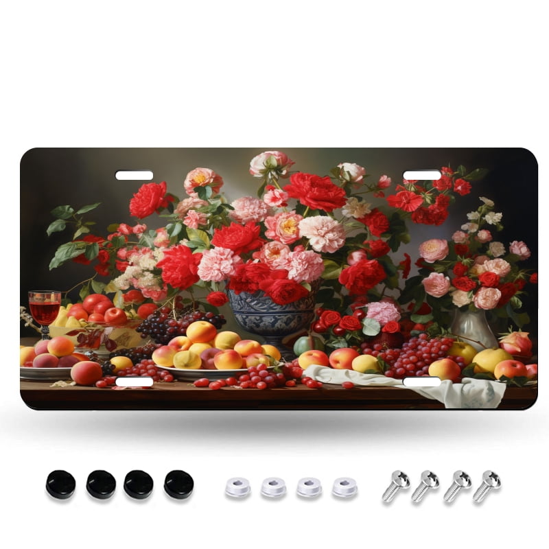 Red and Pink Roses and Peonies Fruits on The Table License Plate Frame ...