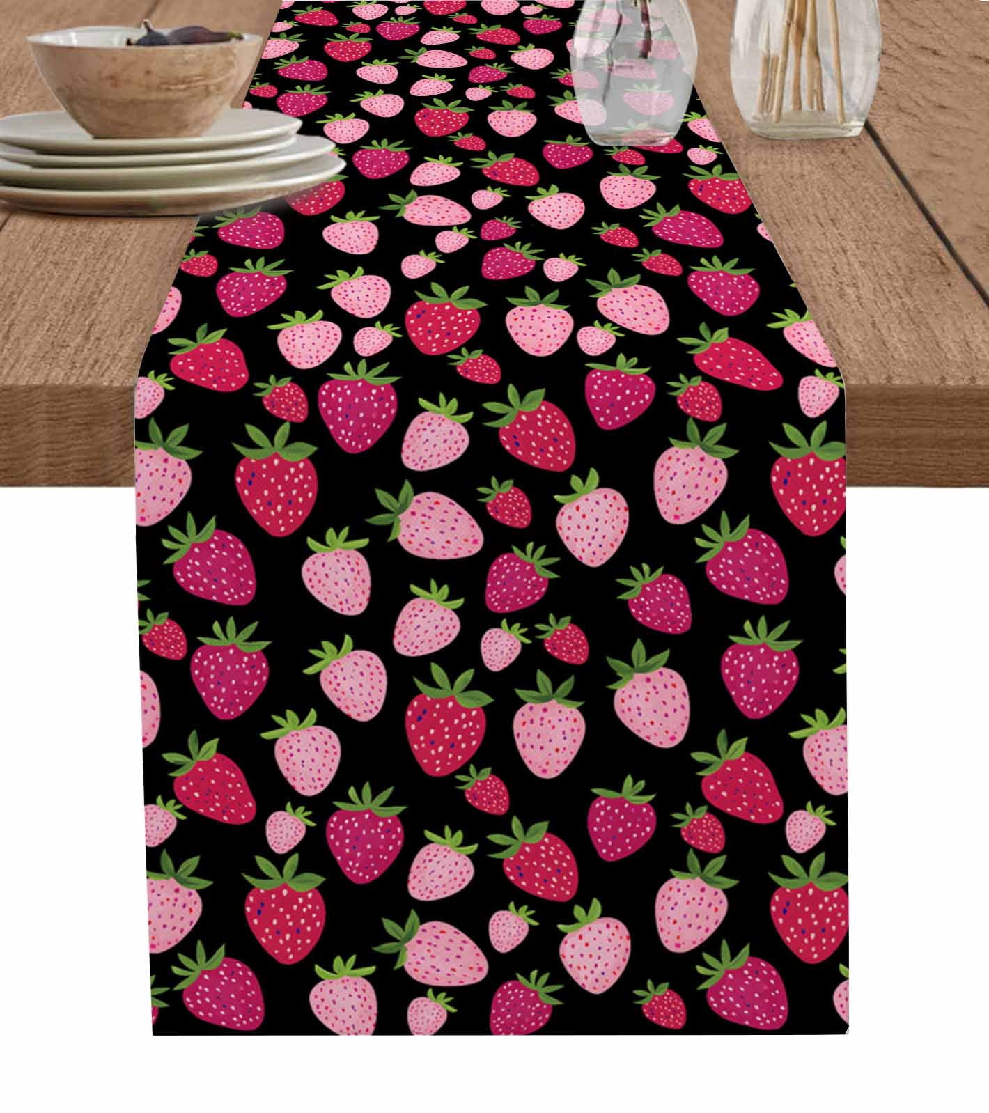 Red Pink Strawberry Burlap Cotton Table Runner 16x72 Inches Long, Black ...
