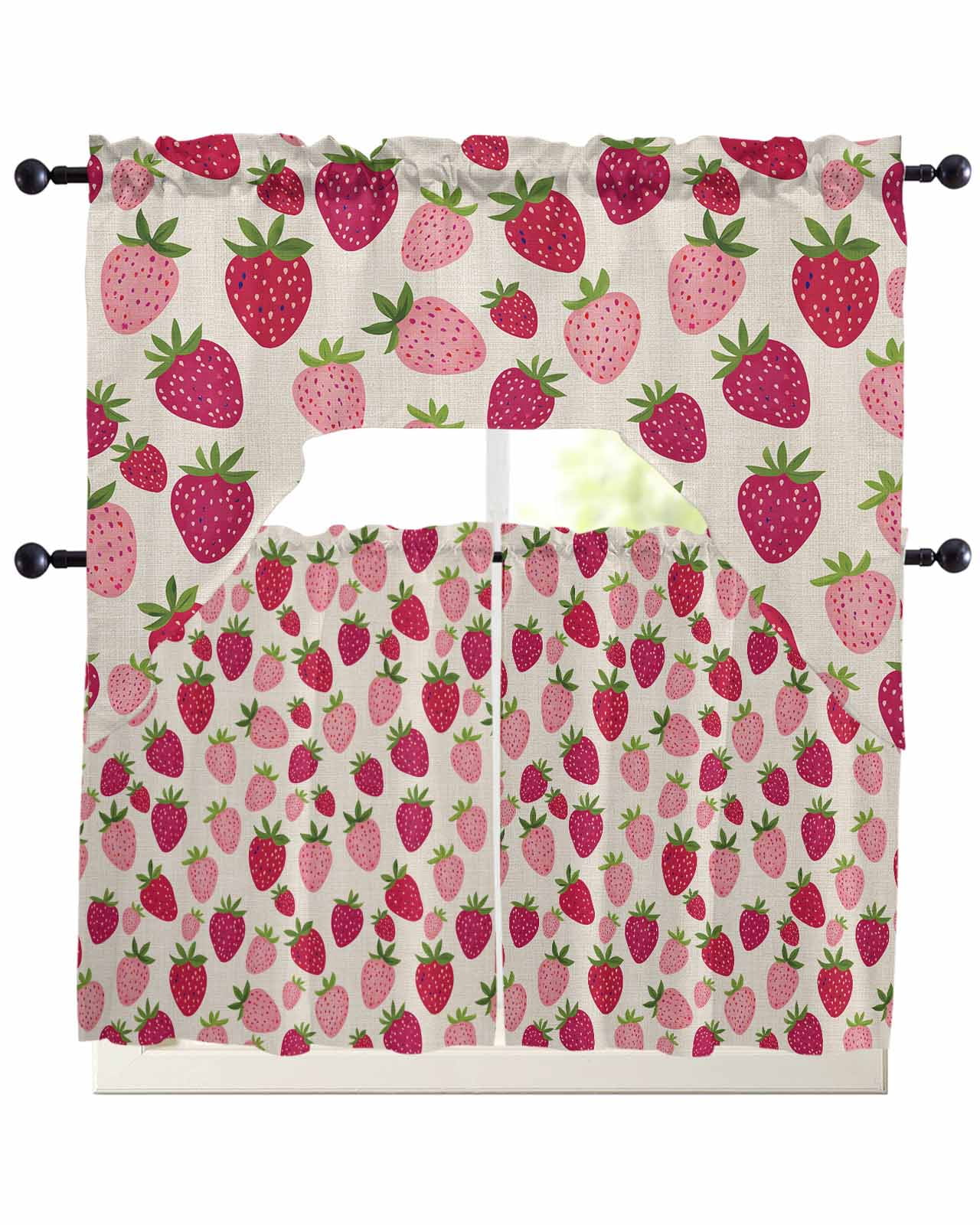Red Pink Strawberry Kitchen Curtains Sets 24 Inch Length with Valance ...