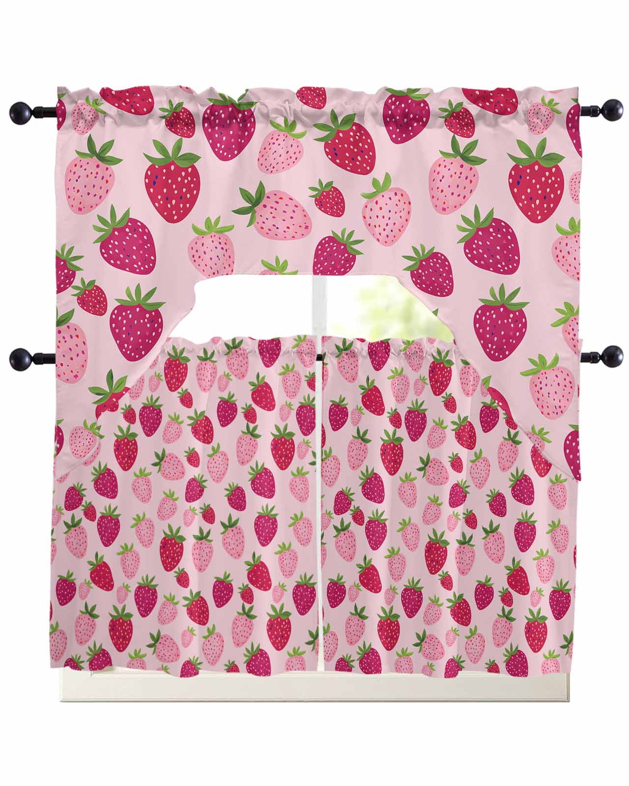 Red Pink Strawberry Kitchen Curtains Swag Valance and Tier Curtains Set ...