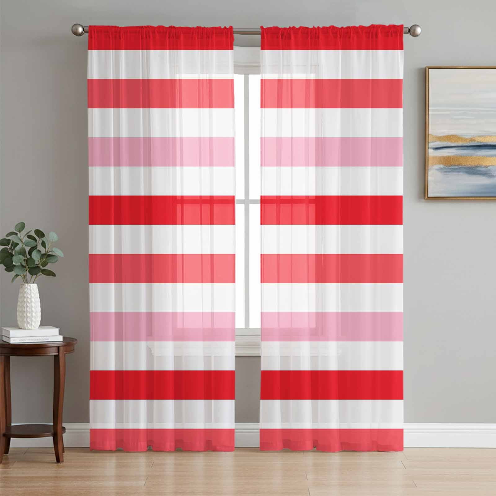 Red Pink Striped Sheer Curtains 63 Inch Length 2 Panels Set, Farmhouse ...