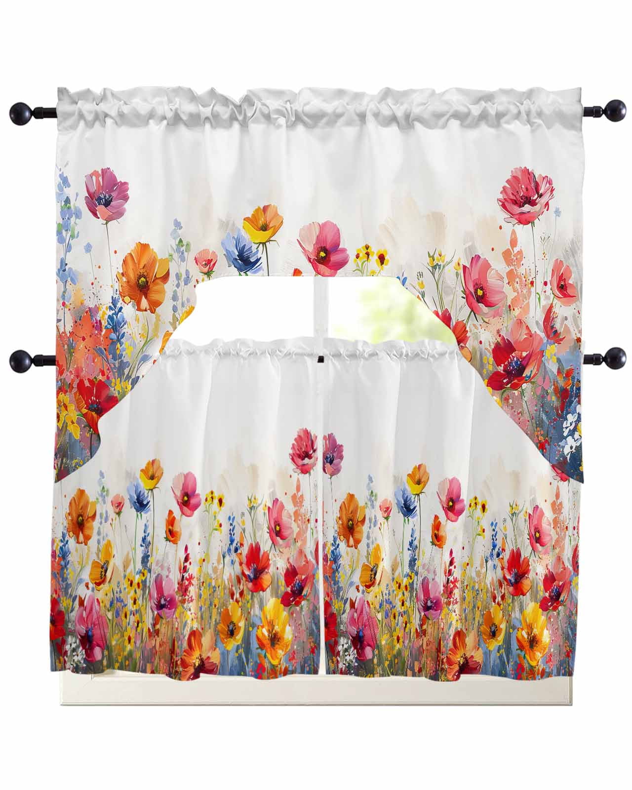 Red Pink Swag Valance and Tier Curtains Set and Yellow Poppy Oil ...