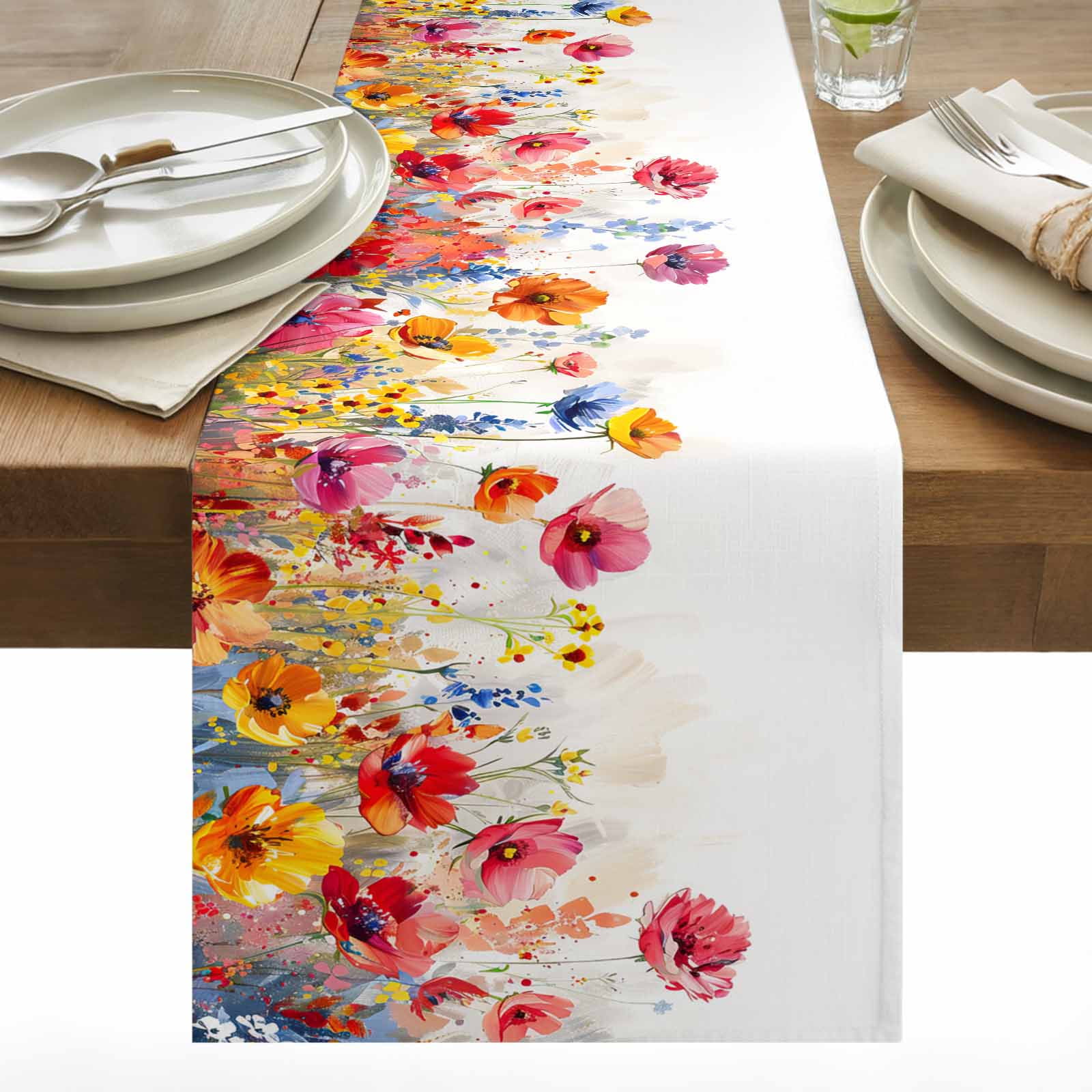 Red Pink Table Runner 13x120 inch and Yellow Poppy Oil Painting Floral ...