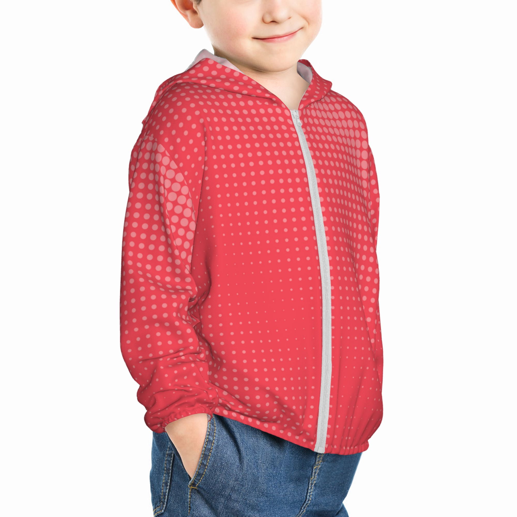 Red Pink Wave Dot Background Kids Zip-Up Hoodie Girls Boys Sun Protection Jacket Hooded Cooling ...