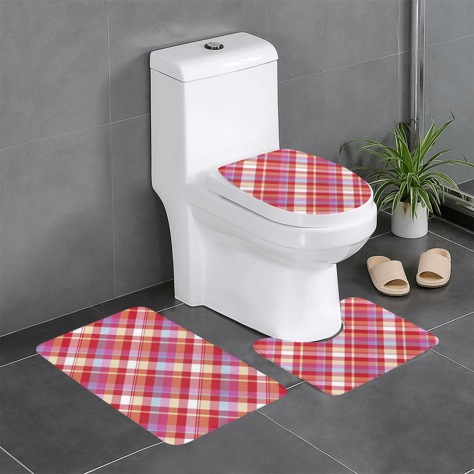 Red-Pixel-Plaid 3-Piece Set Of Flannel Bath Mats, Highly Absorbent ...