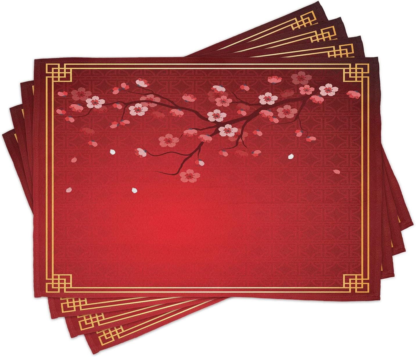 Red Place Mats Set of 4, Flowering Branch of a Cherry Tree in Spring ...